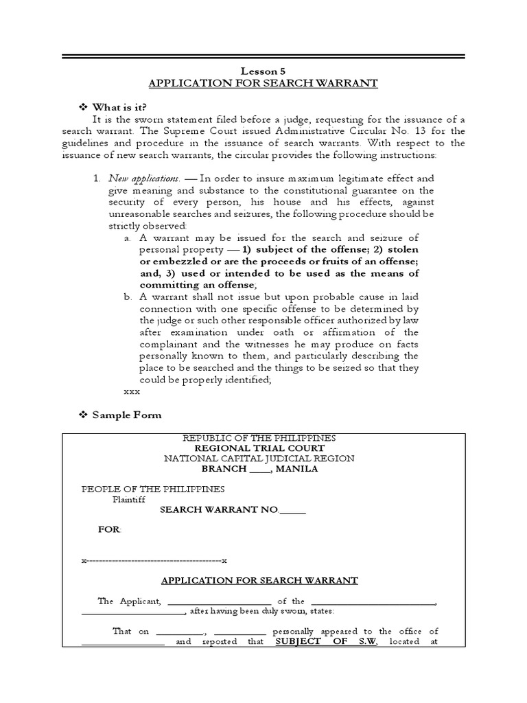 Lesson 5 Application For Search Warrant: Regional Trial Court Branch ...