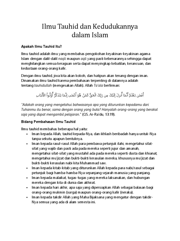 Ilmu Tauhid Dan Kedudukannya | PDF