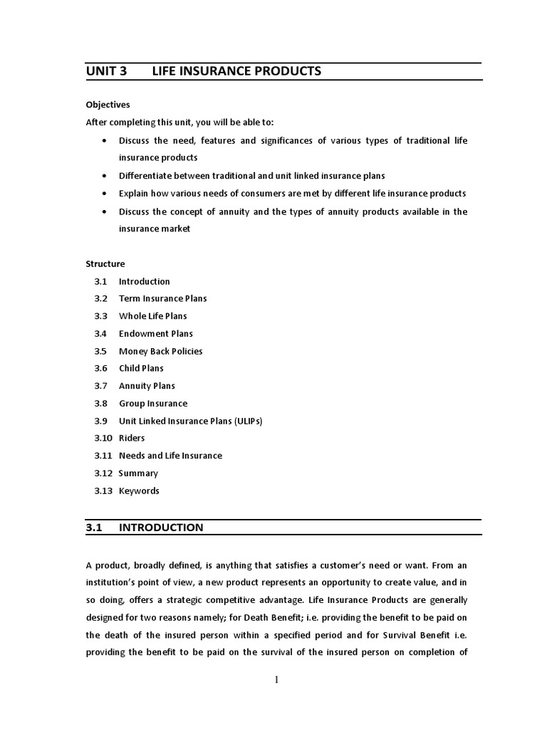 Unit 3 Life Insurance Products: Objectives | PDF | Insurance | Life Annuity