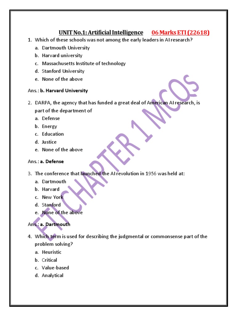 ETI UNIT 1 MCQs | PDF | Artificial Intelligence | Intelligence (AI) & Semantics
