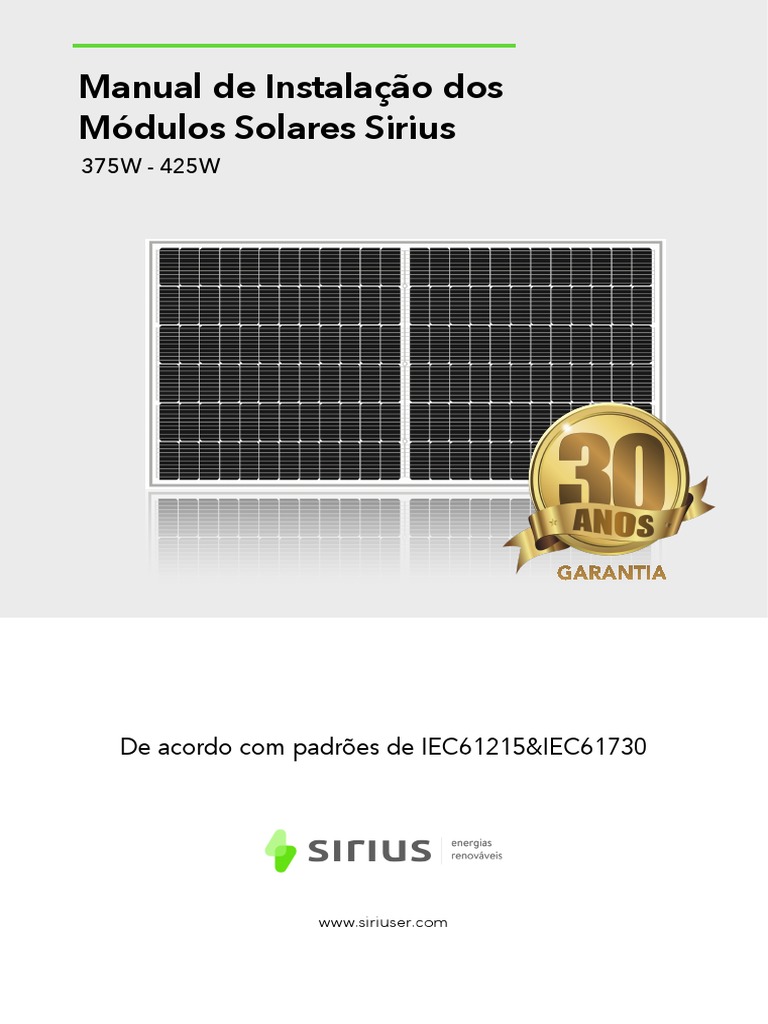 Manual de Instalação Módulos Solares Sirius | PDF | Eletricidade | Parafuso Manual de Instalação Módulos Solares Sirius | PDF | Eletricidade | Parafuso