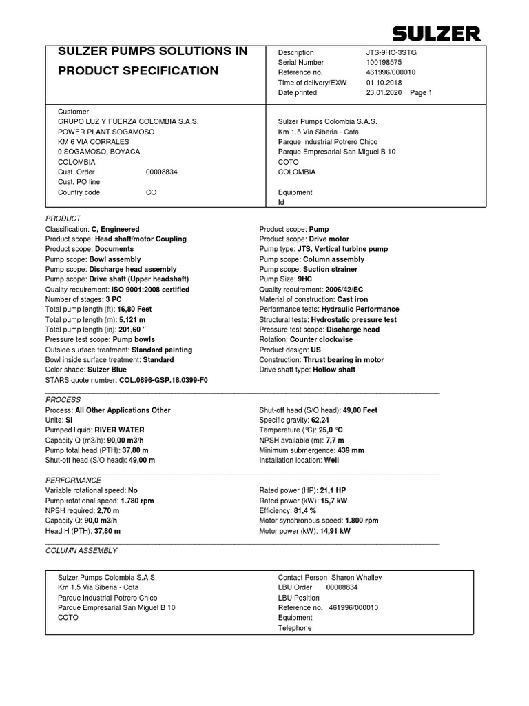 Sulzer Pumps Solutions in Product Specification | PDF | Screw | Pump