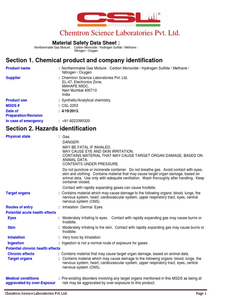 MSDS - H2S CO CH4 O2 Bal N2 | PDF | Firefighting | Toxicity