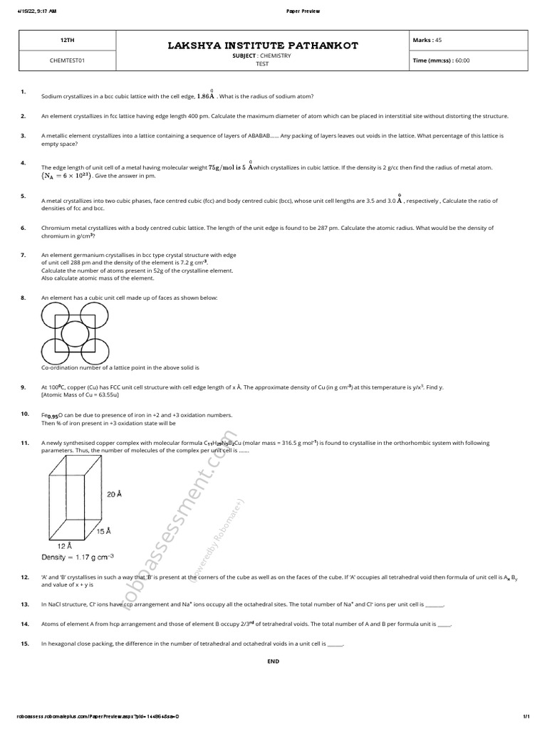 Chem Test 01 | PDF | Crystal Structure | Crystallography