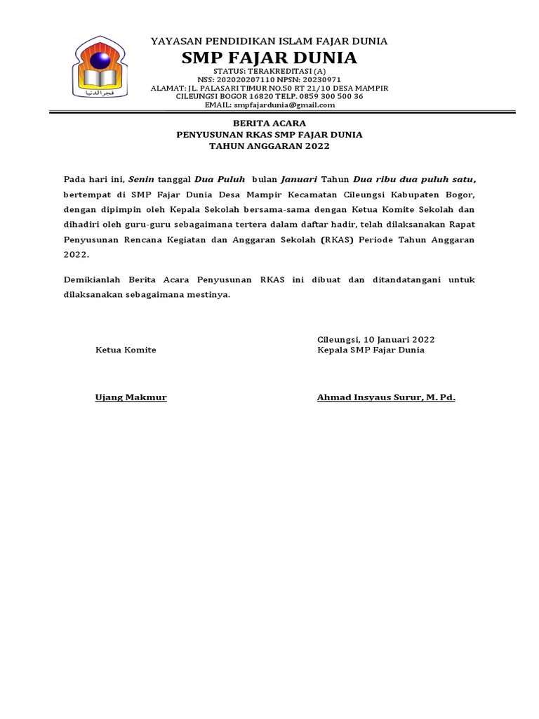 RKAS SMP Fajar Dunia 2022 | PDF