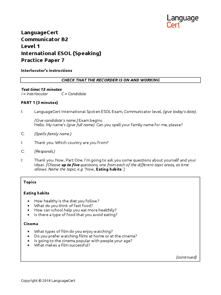 Languagecert Communicator B2 Level 1 International Esol (Speaking ...