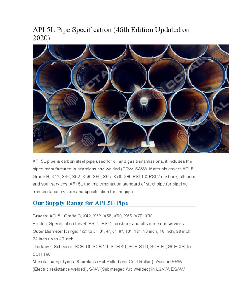 API 5L Pipe Specification | PDF | Pipe (Fluid Conveyance) | Construction