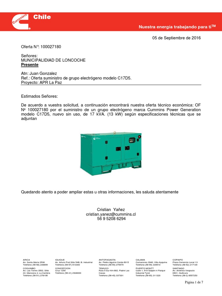 Oferta Generador Cummins C17D5 Chile | PDF | Chile