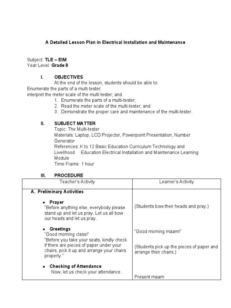 THE MULTI TESTER - A Detailed Lesson Plan | PDF | Electrical ...