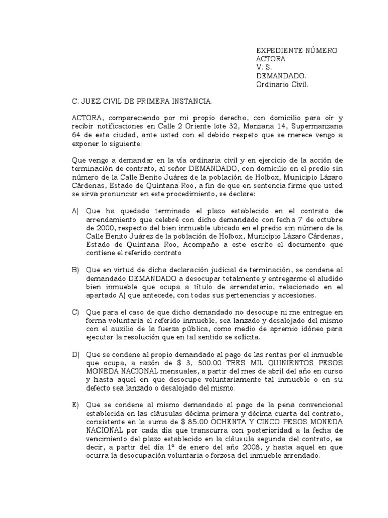 Machote Escrito Inicial de Demanda | PDF | Demanda judicial | Sentencia ...