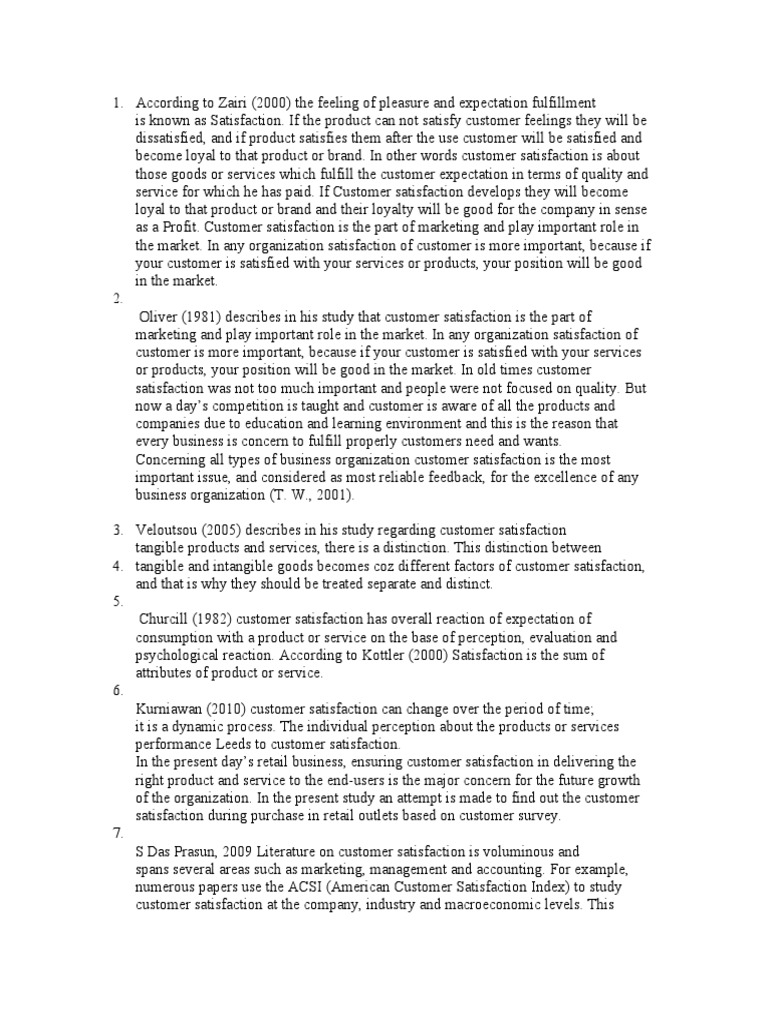 Customer Satisfaction Review of Literature | PDF | Customer Satisfaction | Retail