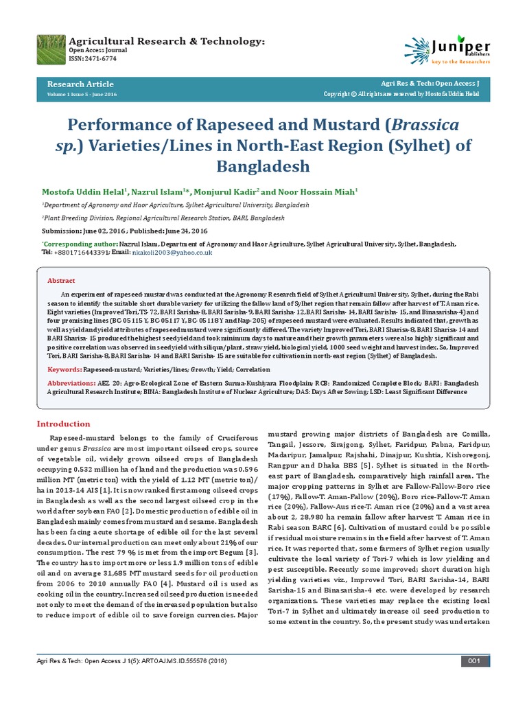 Performance of Rapeseed and Mustard (Brassica SP.) Varieties or Lines in North-East Region ...
