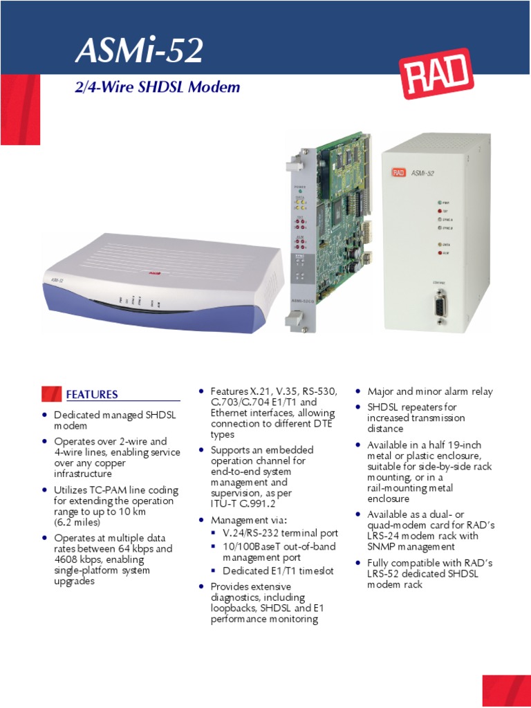Asmi-52: 2/4-Wire SHDSL Modem | PDF | Modem | Communications Protocols