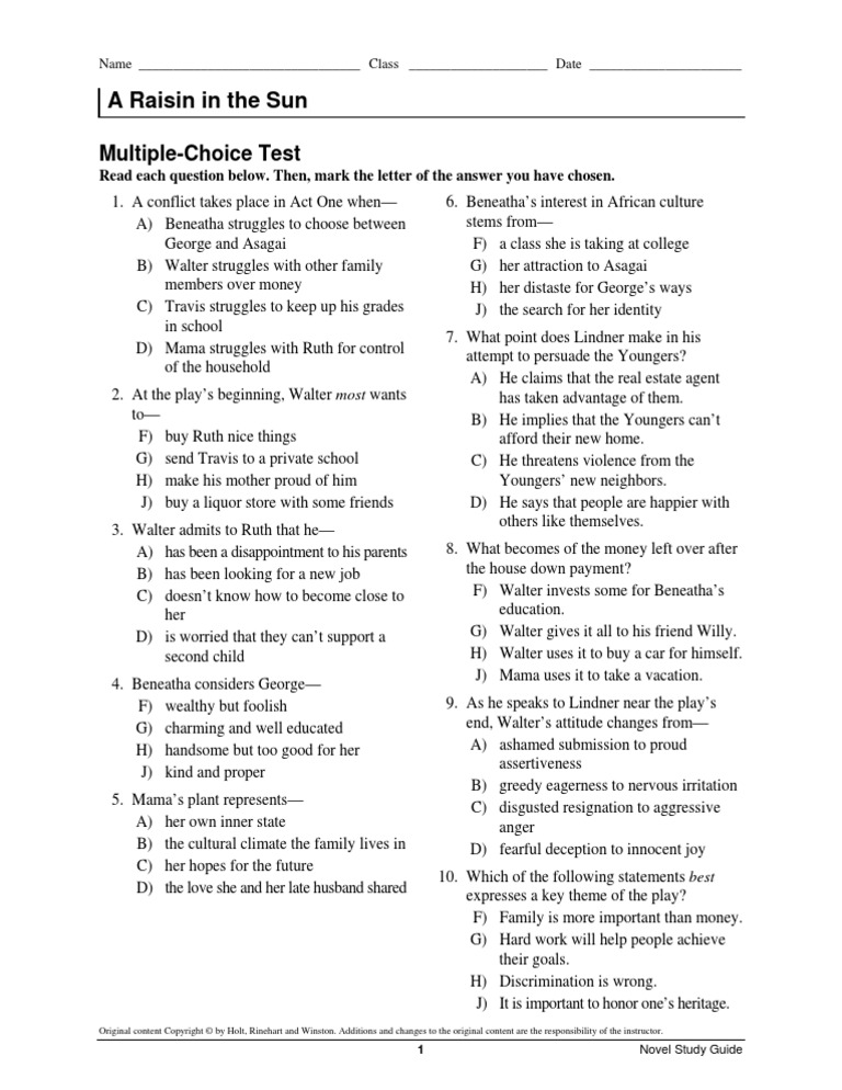 A Raisin in The Sun: Multiple-Choice Test | PDF