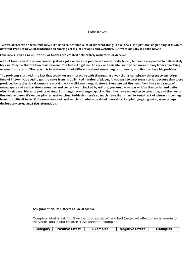 Fake News: Assignment No. 11: Effects of Social Media | PDF ...
