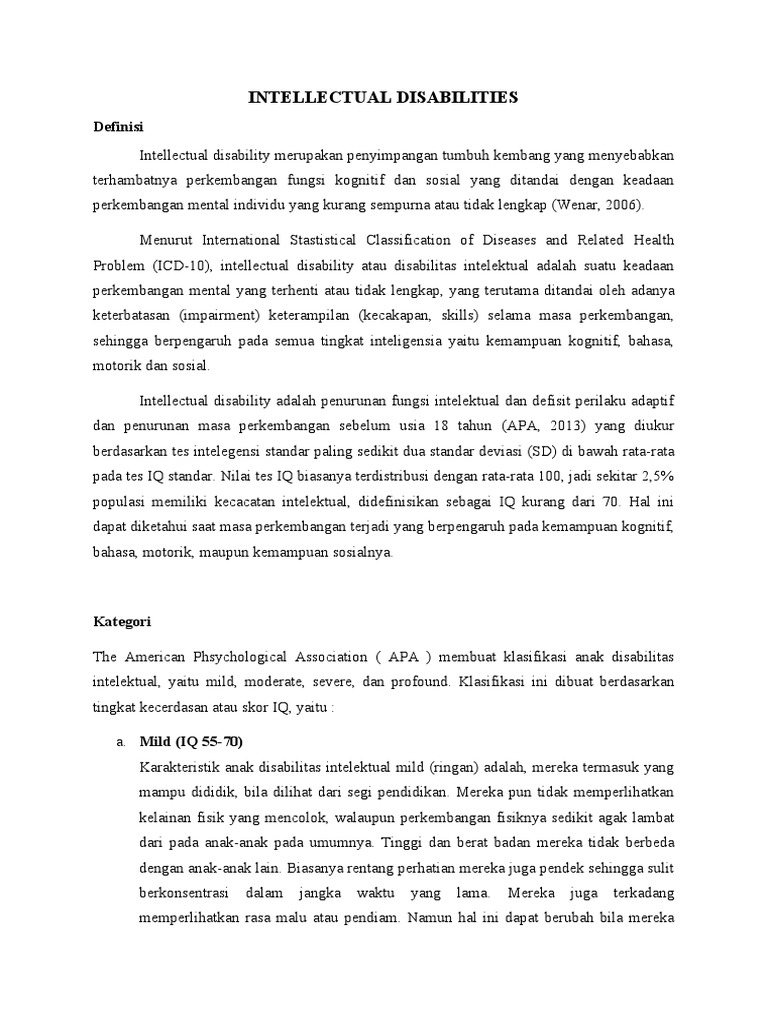 Disabilitas Intelektual: Definisi dan Kategori | PDF | Kesehatan ...
