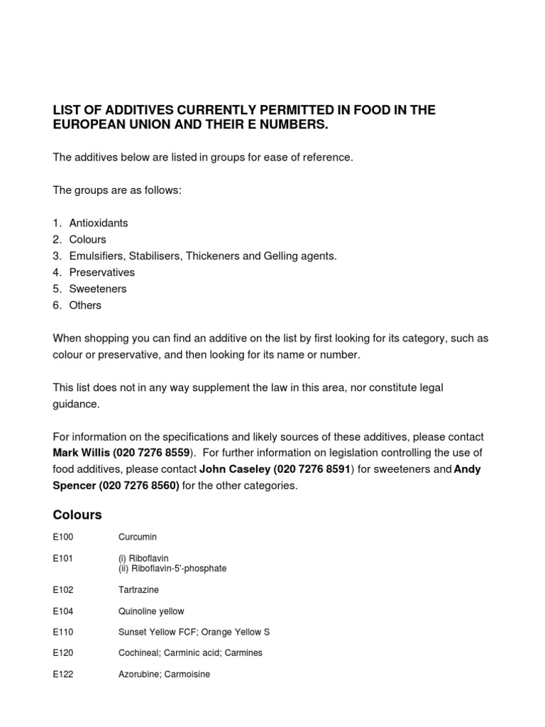List of Additives Currently Permitted in Food in The European Union and ...