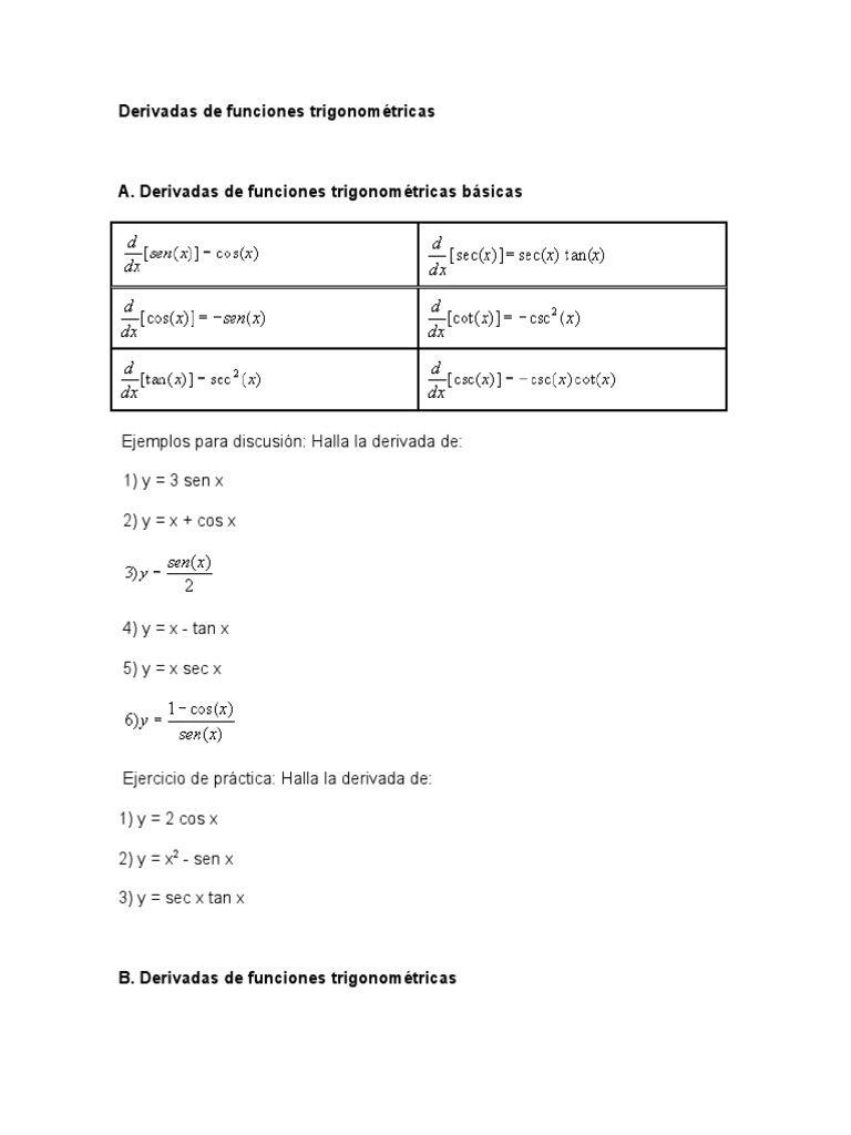 Derivadas de Funciones Trigonométricas | PDF | Cálculo | Objetos ...