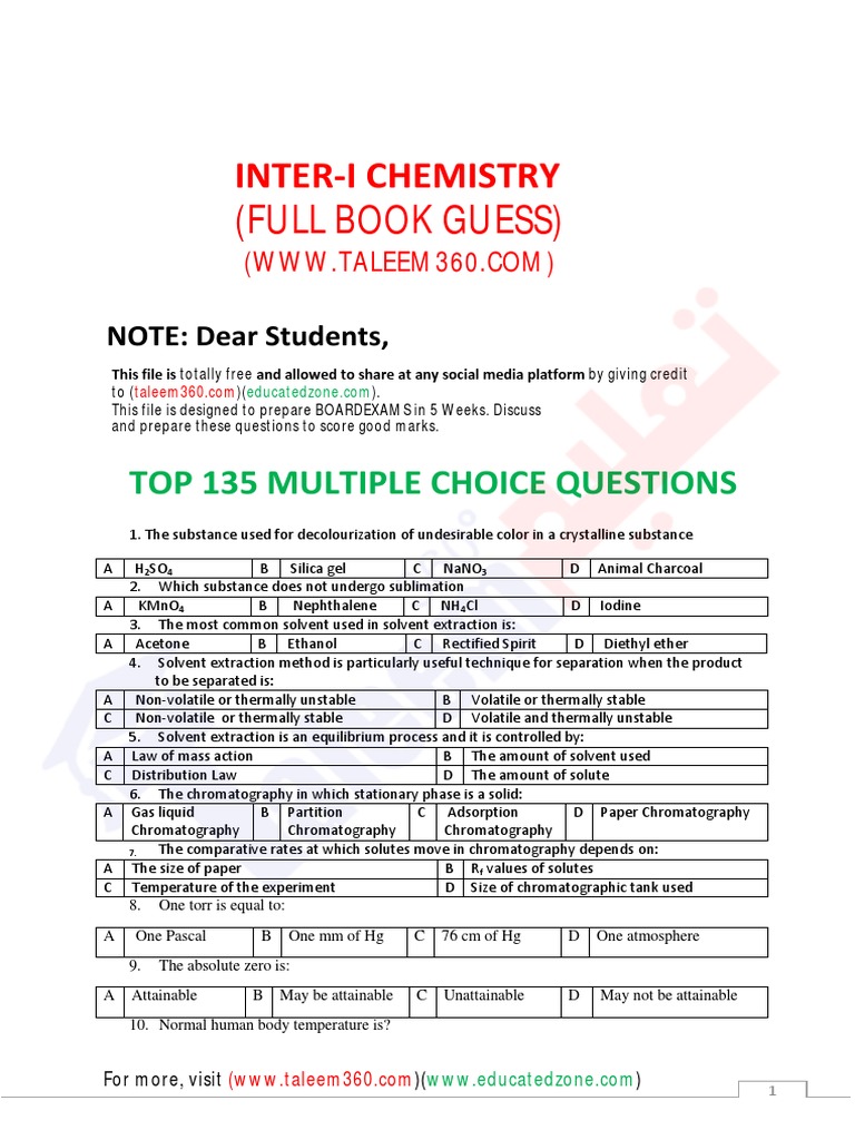 11th Class 1st Year Chemistry Guess Paper | PDF | Catalysis ...
