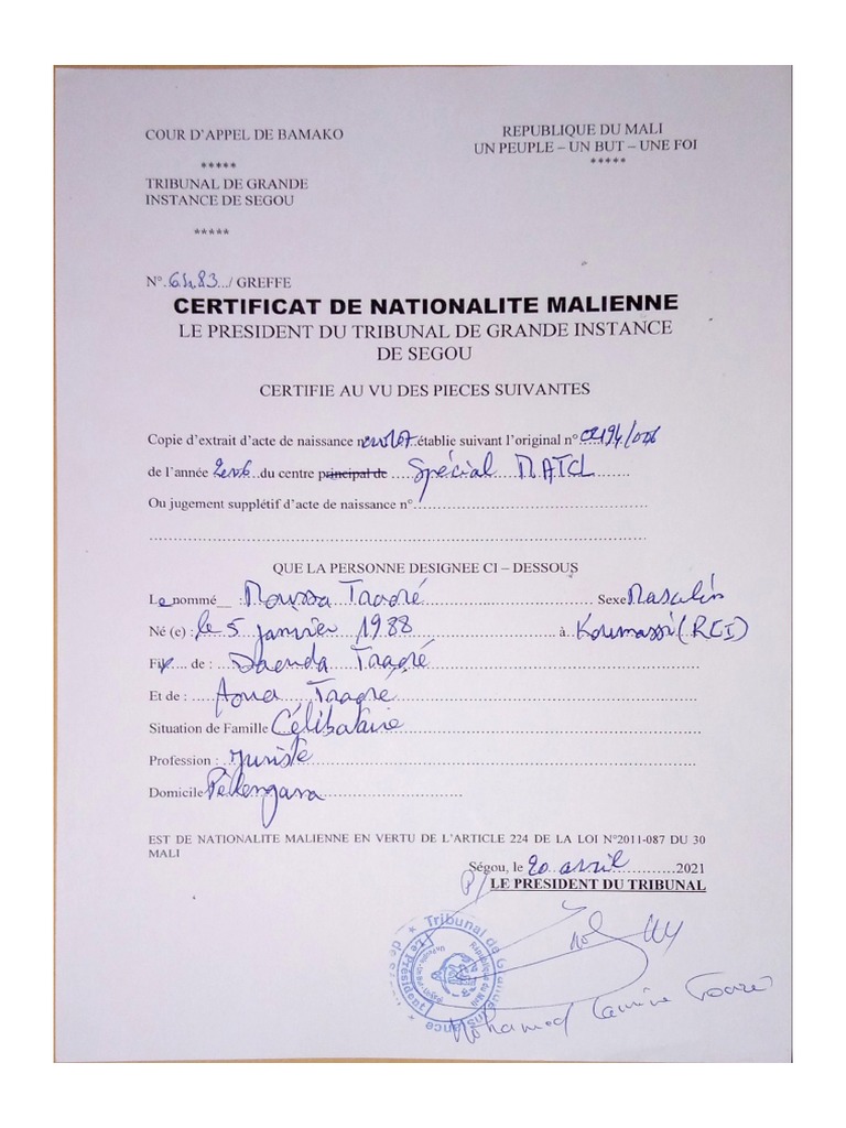 Certificat De La Nationalite Francaise