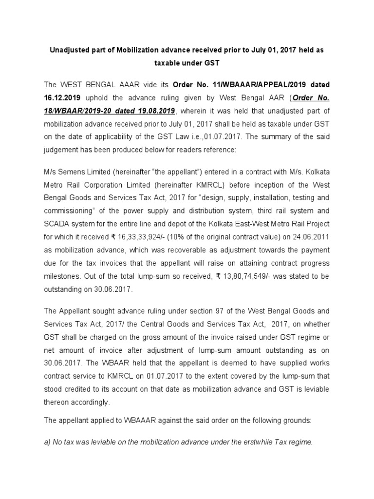 Unadjusted Part of Mobilization Advance Received Prior To July 01 | PDF ...