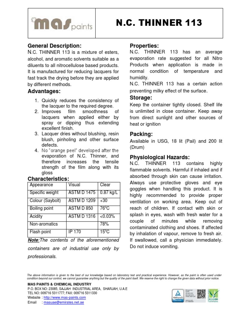 N.C. Thinner 113: General Description: Properties | PDF | Paint | Solvent
