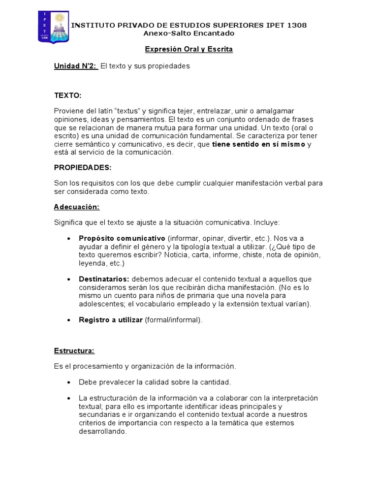 Propiedades del Texto en IPET 1308 | PDF | Oración (Lingüística ...