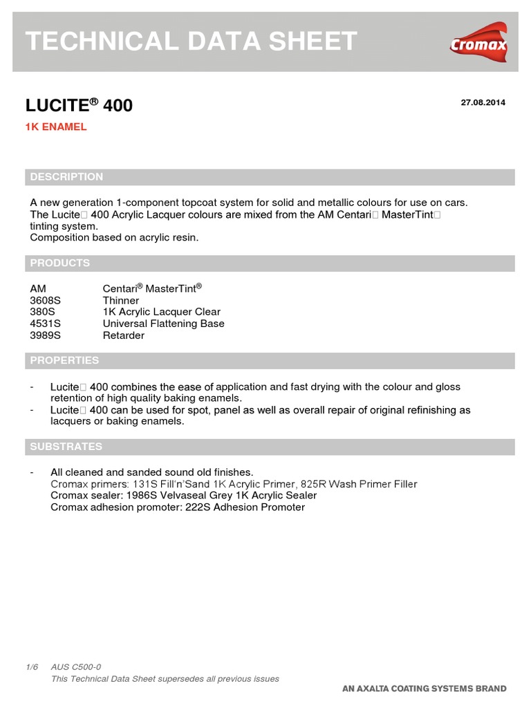 Technical Data Sheet: Lucite 400 | PDF | Poly(Methyl Methacrylate ...