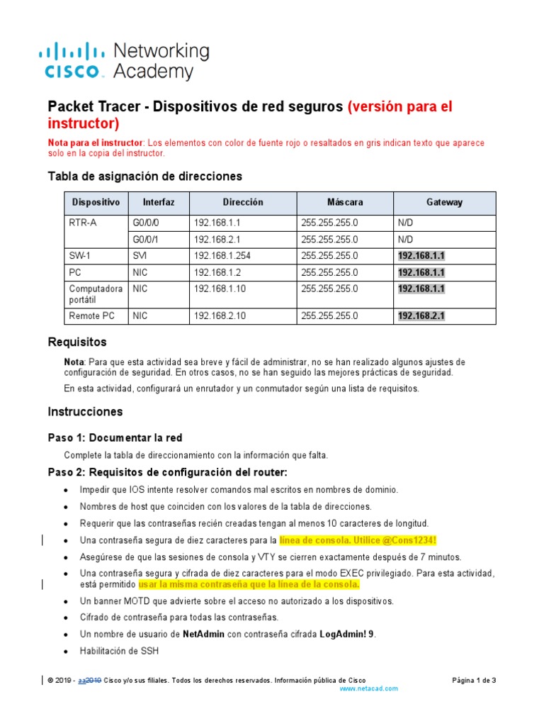 16.5.1 Packet Tracer - Secure Network Devices - ILM | PDF | Conmutador de red | Contraseña