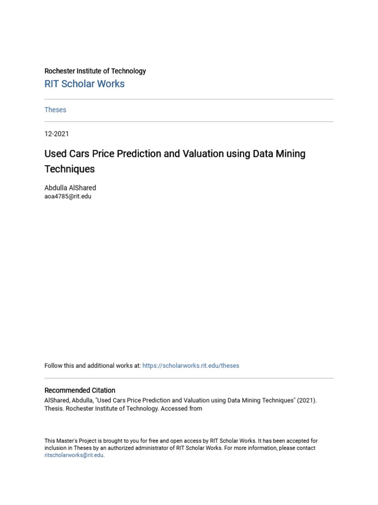 Used Cars Price Prediction and Valuation Using Data Mining Techni | PDF ...