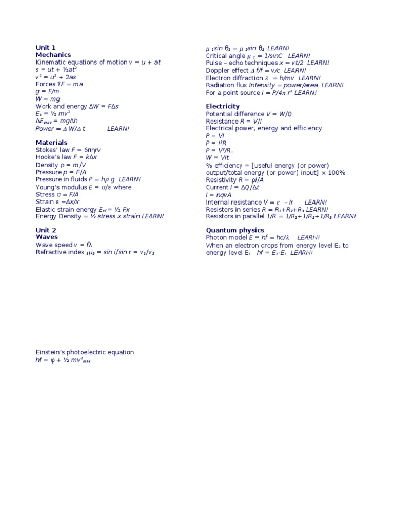 Formula Sheet Unit 1 and 2 | PDF | Momentum | Waves