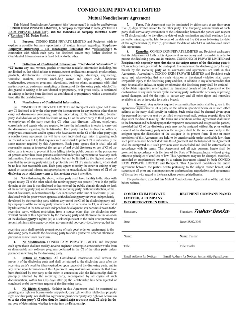 Coneio Exim Private Limited: Mutual Nondisclosure Agreement | PDF ...