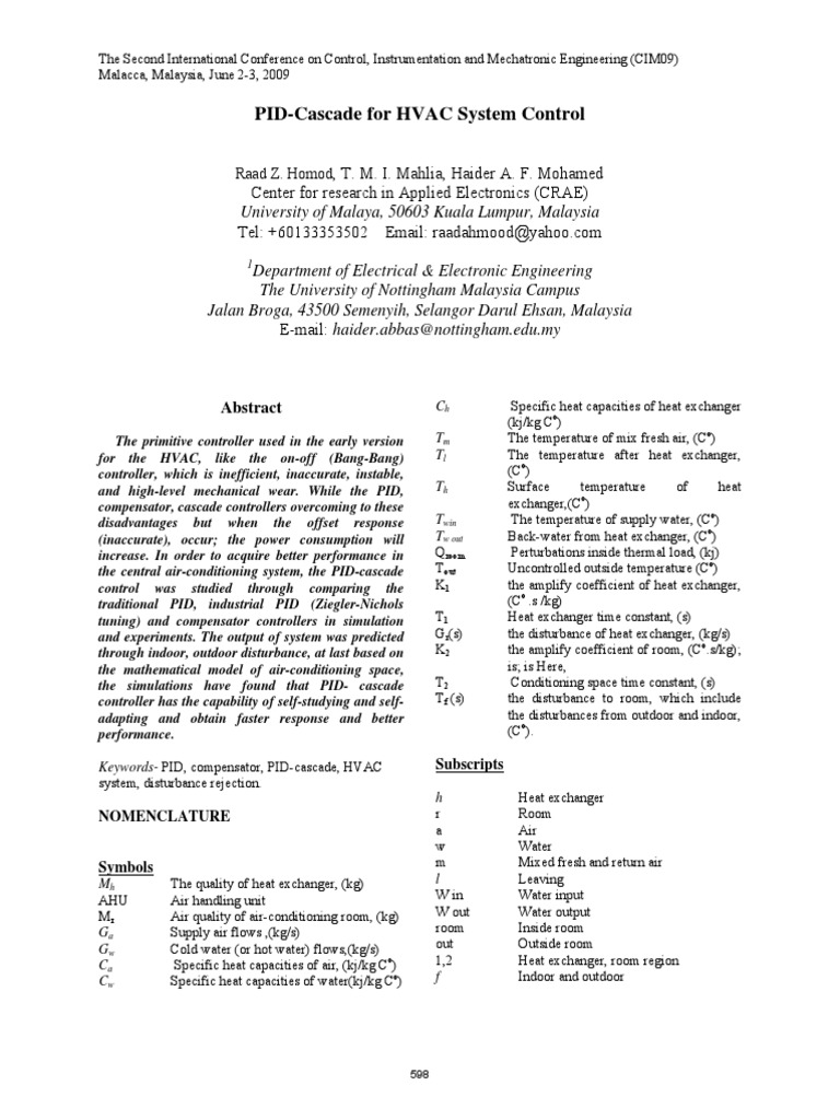 PID Cascade For HVAC System Control | PDF | Control Theory | Thermostat