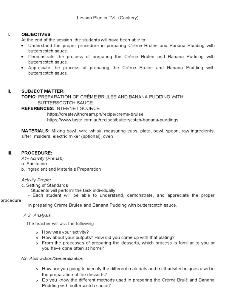 Lesson Plan in TVL SAMPLE | PDF | Lesson Plan | Sauce