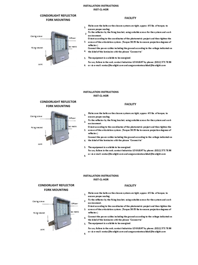 Installation and Maintenance Instructions Reflector Condorled | PDF | Screw | Building Engineering