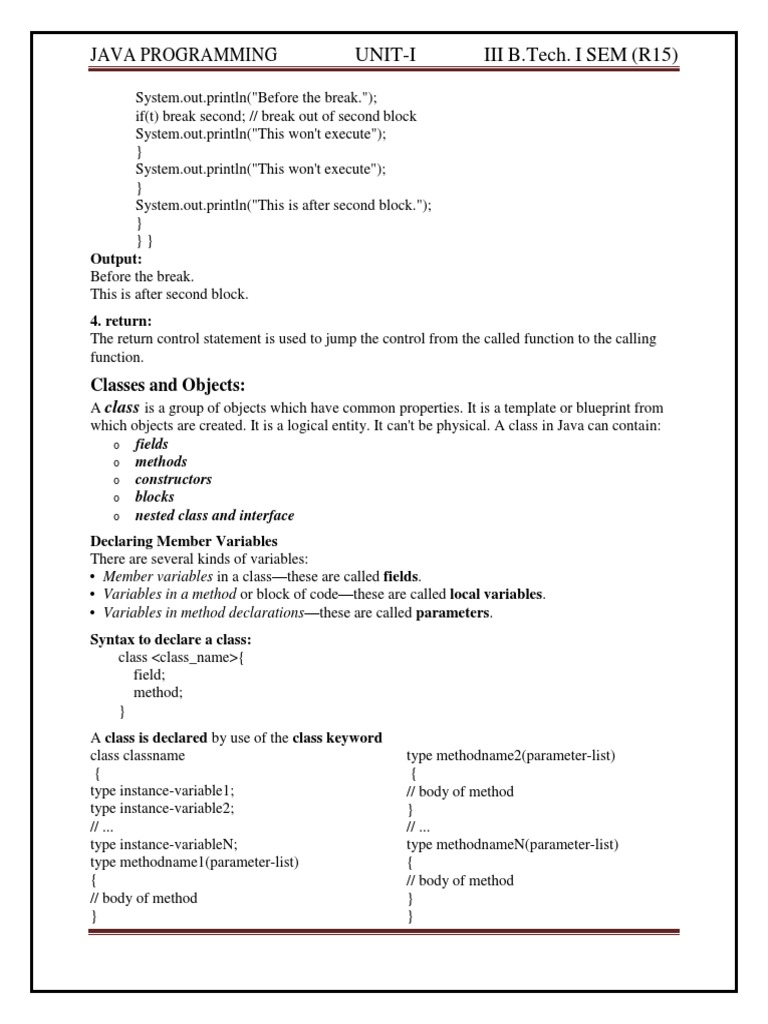 Java Programming Unit I Iii Btech I Sem R15 Classes And Objects Pdf Programming 