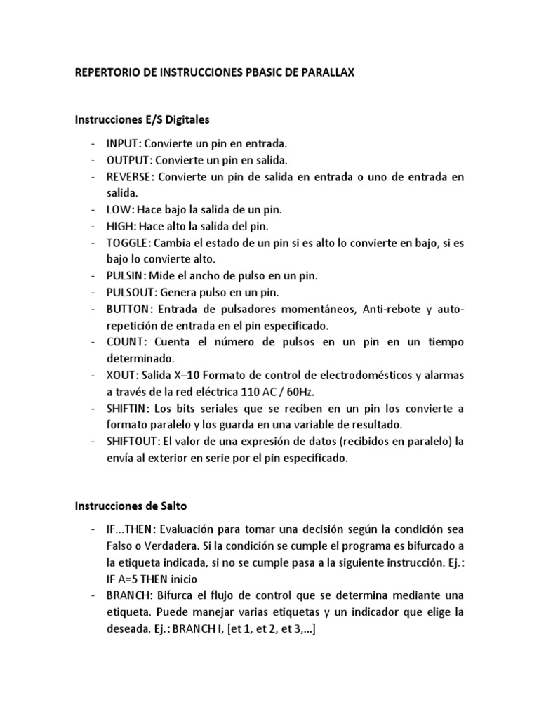 Instrucciones PBASIC Parallax | PDF | Desarrollo de software | Edad de información