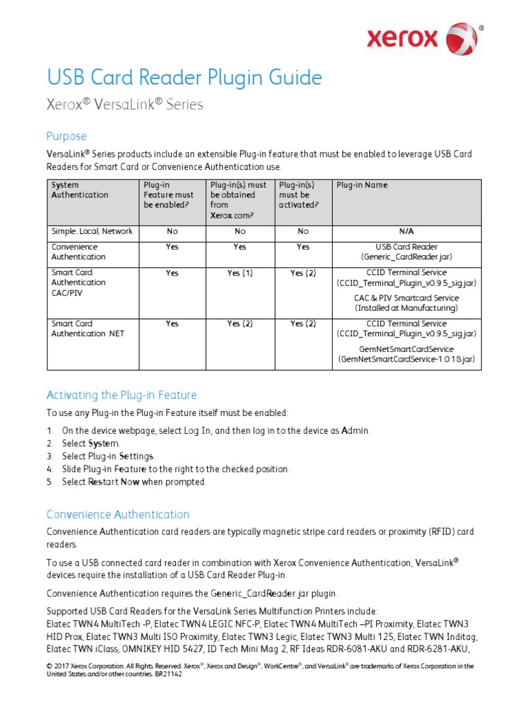 Usb Card Reader Plugin Guide: Xerox Versalink Series | PDF | Smart Card ...