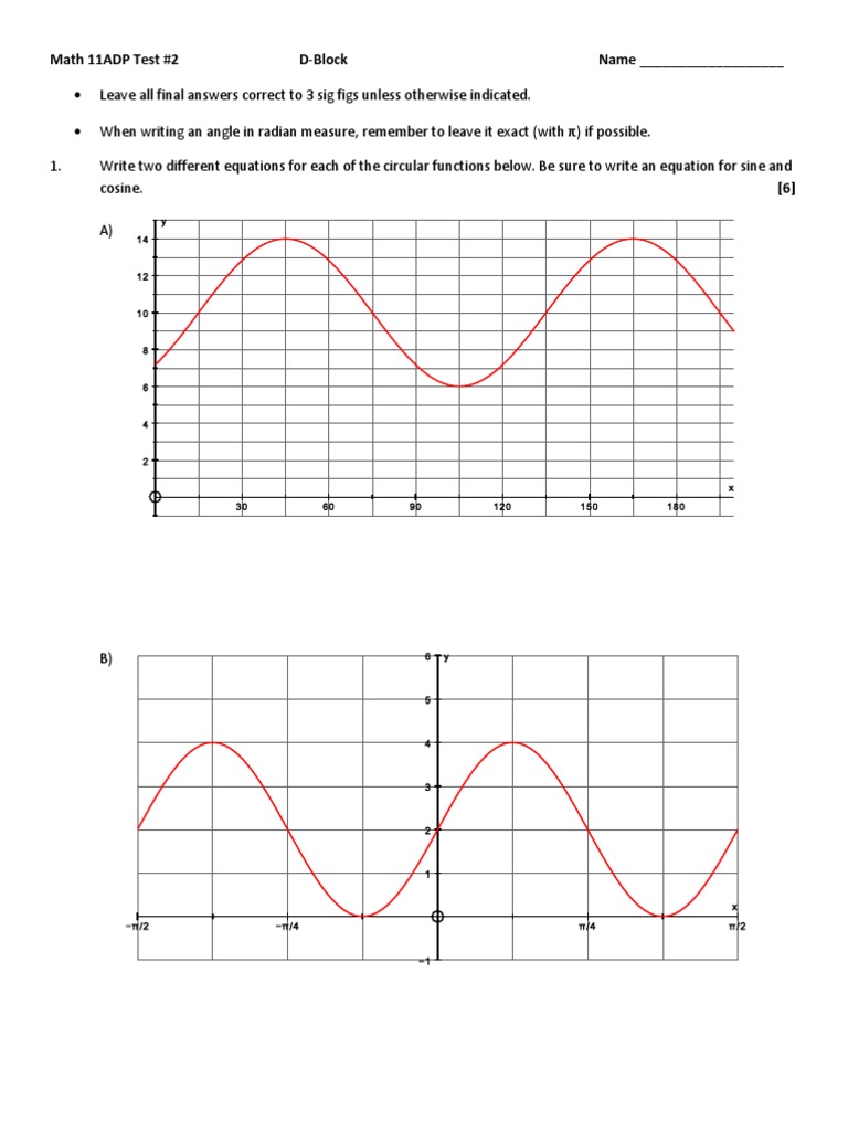 Math 11ADP Test #2: Circular Functions | PDF