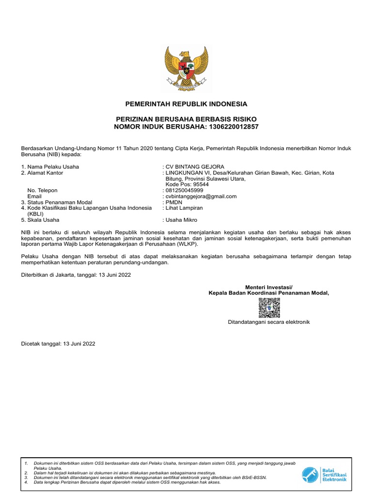 Nib Cv. Bintang Gejora | PDF