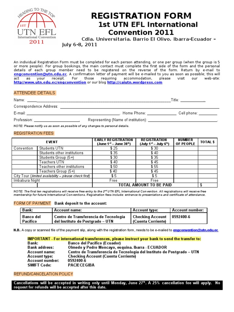 English Convention Registration Form UTN 20111 | PDF | Fee | Financial Services