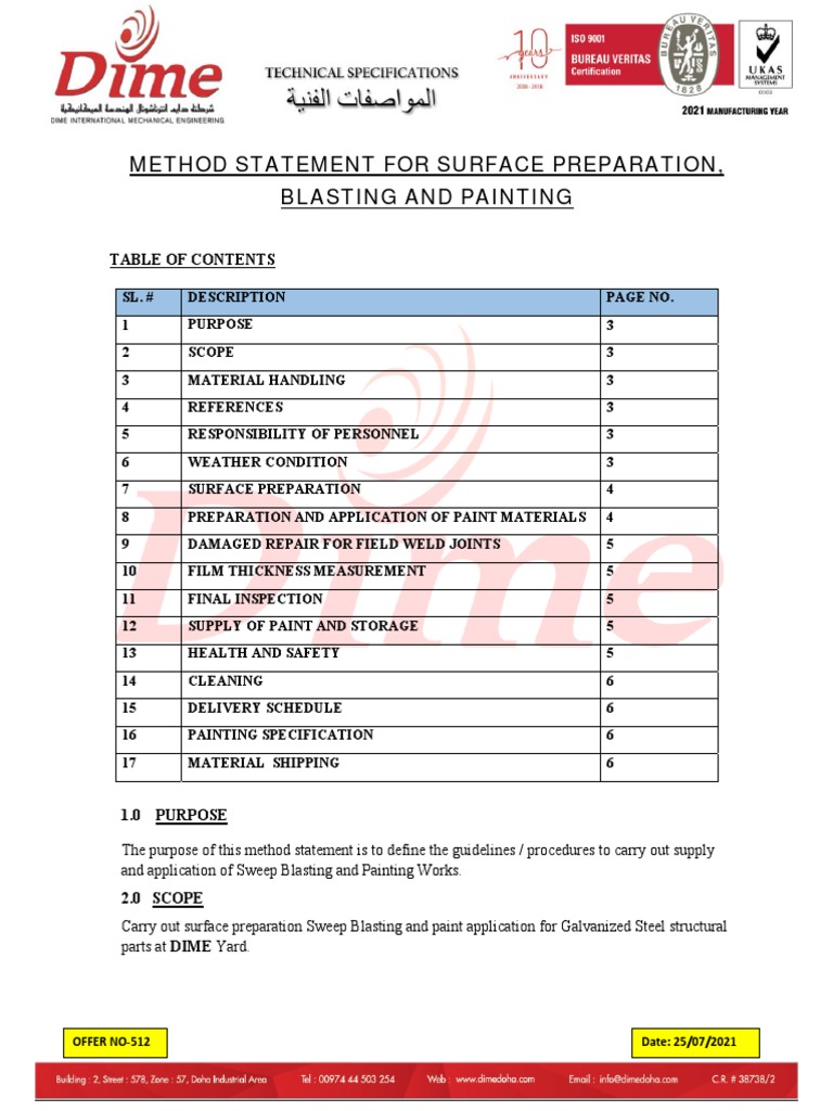 Method Statement For Surface Preparation, Blasting and Painting | PDF ...