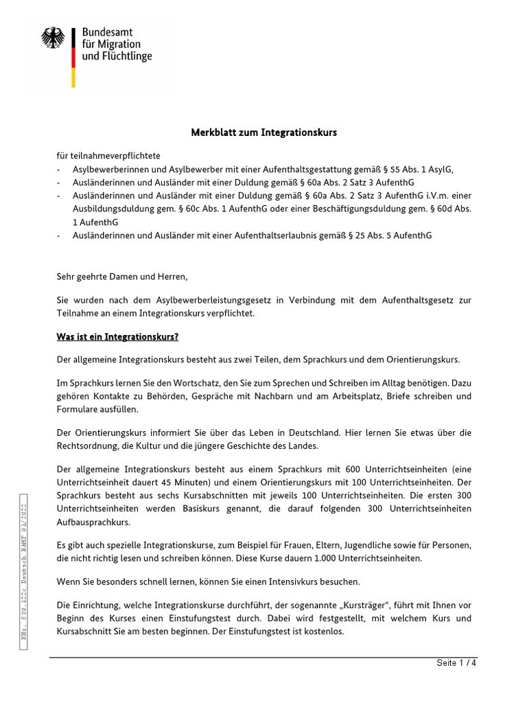 630 122 - Merkblatt Verpflichtung Integrationskurse | PDF