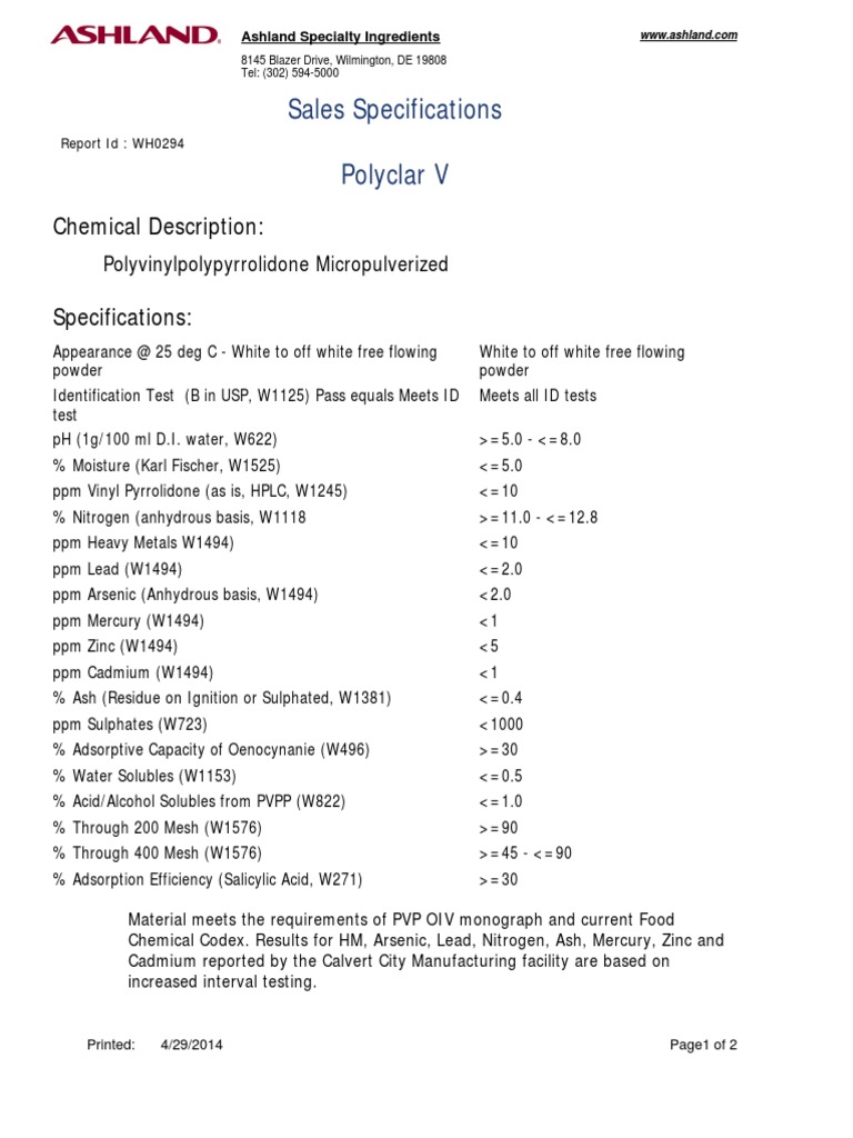 Polyclar V Specifications Overview | PDF | Chemical Compounds | Materials