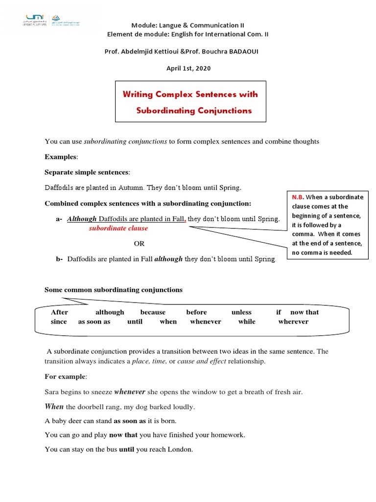 Writing Complex Sentences with Subordinating Conjunctions | PDF ...