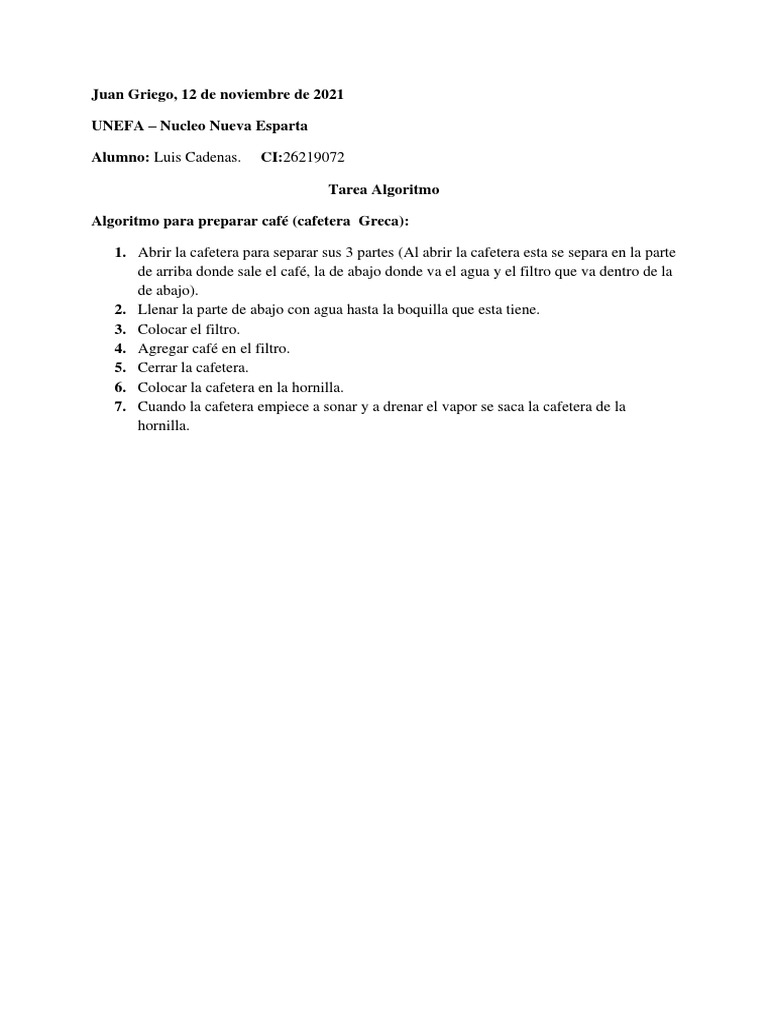 Algoritmo y Diagrama de Flujos de Hacer Cafe | PDF