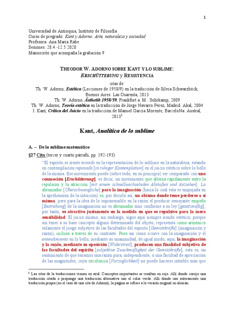 9 - Adorno Sobre Kant y Lo Sublime | PDF | Immanuel Kant | Estética