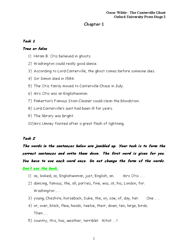 Oscar Wilde - The Canterville Ghost - Exercises - Chapter 1 Con ...