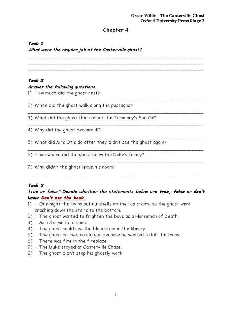 Canterville Ghost Chapter 4 Activities | PDF
