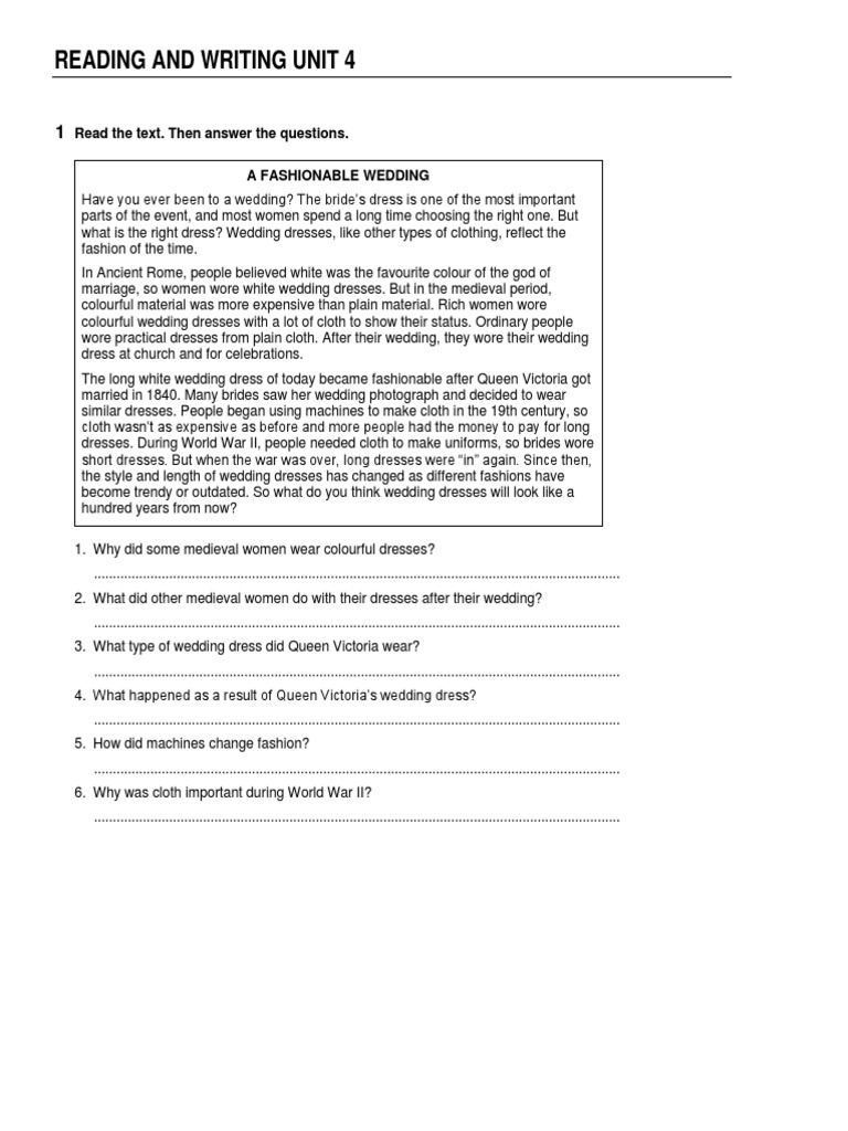 Reading and Writing Unit 4: Read The Text. Then Answer The Questions ...